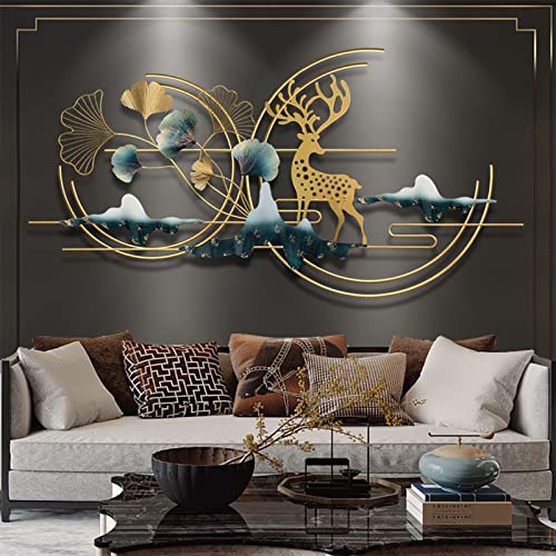 POCHY Metal Wall Art Ginkgo Leaf Wall Decoration Golden Deer Wall Art Wall-Mounted Sculpture for Sofa Background Study office 3D Hanging Size:130x65cm