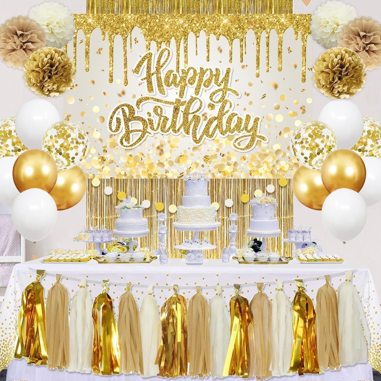 Gold Birthday Party Decorations Set Happy Birthday Decorations for Women Girls- Happy Birthday Banner Backdrop Gold and White Balloons Tassel Curtains Gold Dot Tablecloth Birthday Party Supplies