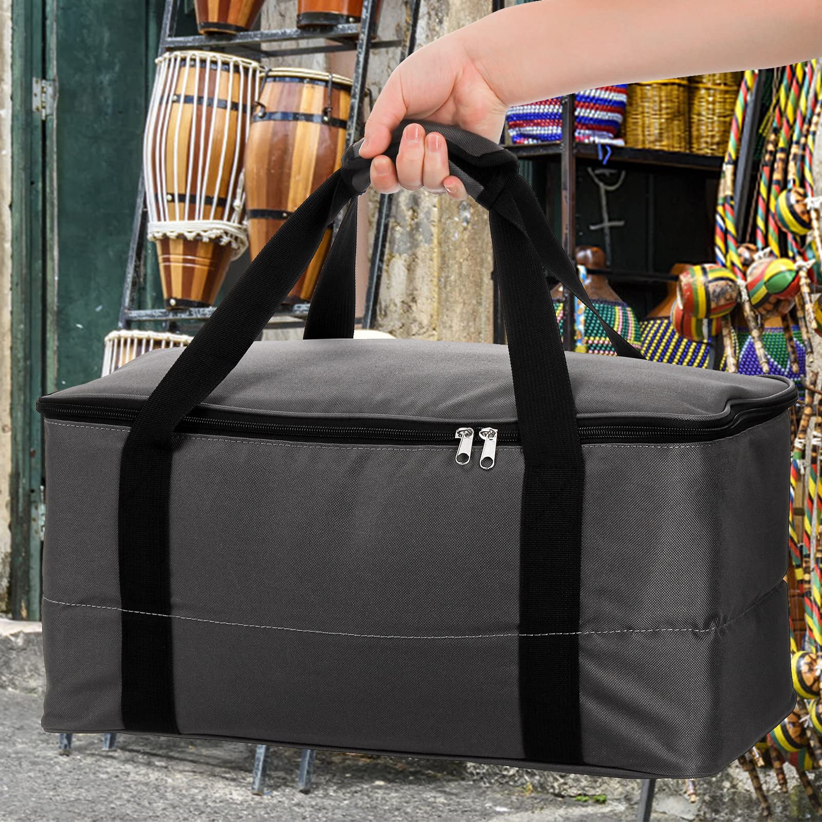YOUEON Bongo Drum Bag with Carrying Grip, 18 Inch Standard Size Padded Bongo Gig Bag Bass Drum Fabric Bag with Dense Protective Interior Padding, Grey