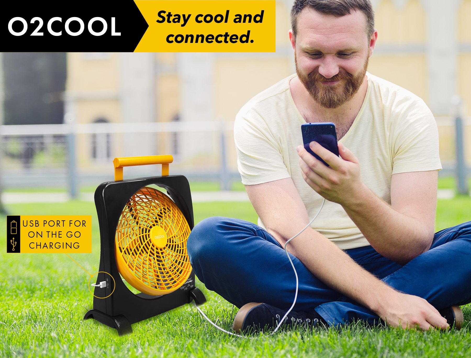O2COOL 10-Inch Battery Operated Fan - Portable with Internal Rechargeable Battery, Multiple Power Options - AC/DC Adapter, USB Port for Emergencies, Camping, Travel, Indoor and Outdoor Use (Orange)