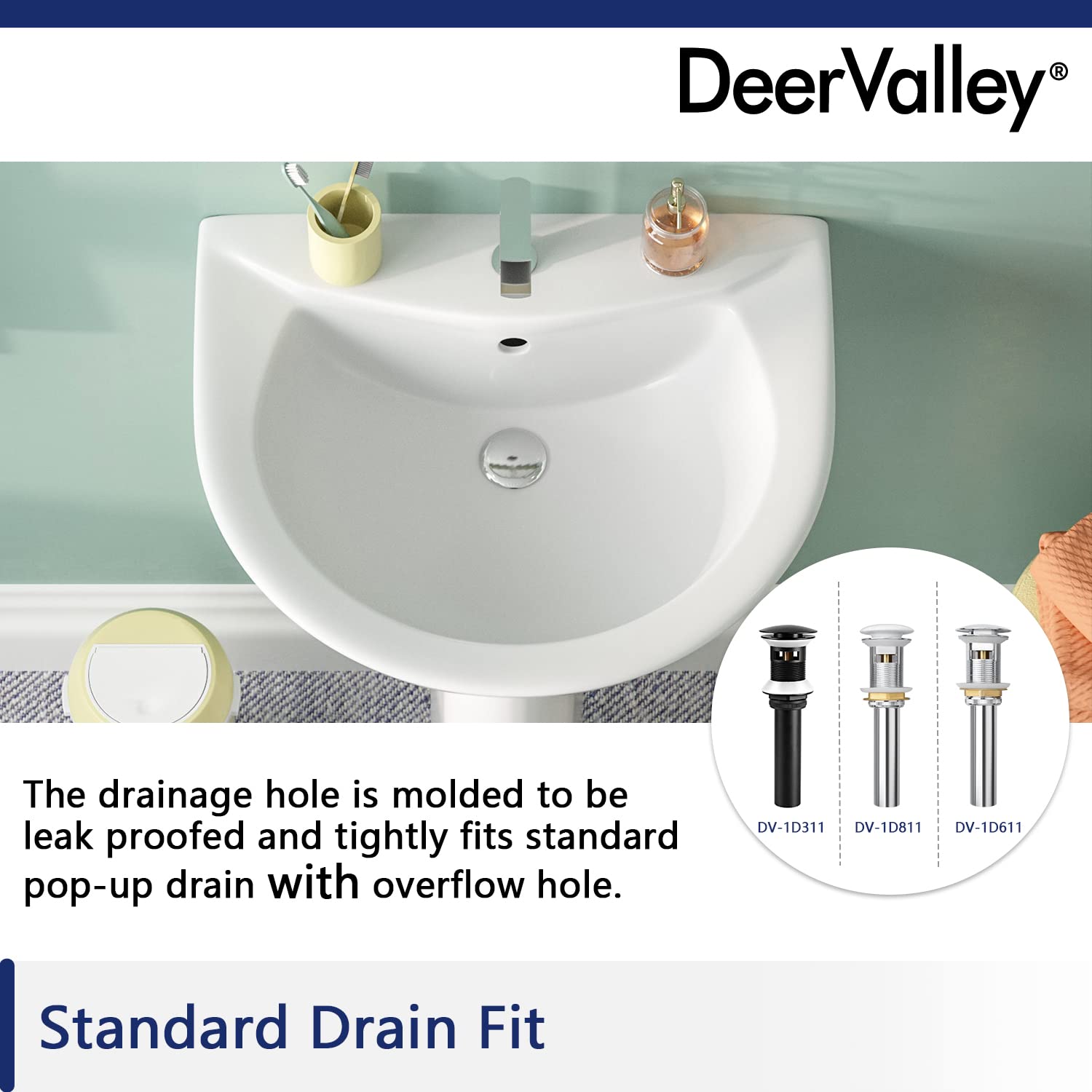 DeerValley DV-1P523 Compact White Ceramic Pedestal Sink, 20" X 17" Inch Pedestal Bathroom Sink With Overflow and Pre-Drilled Single Hole