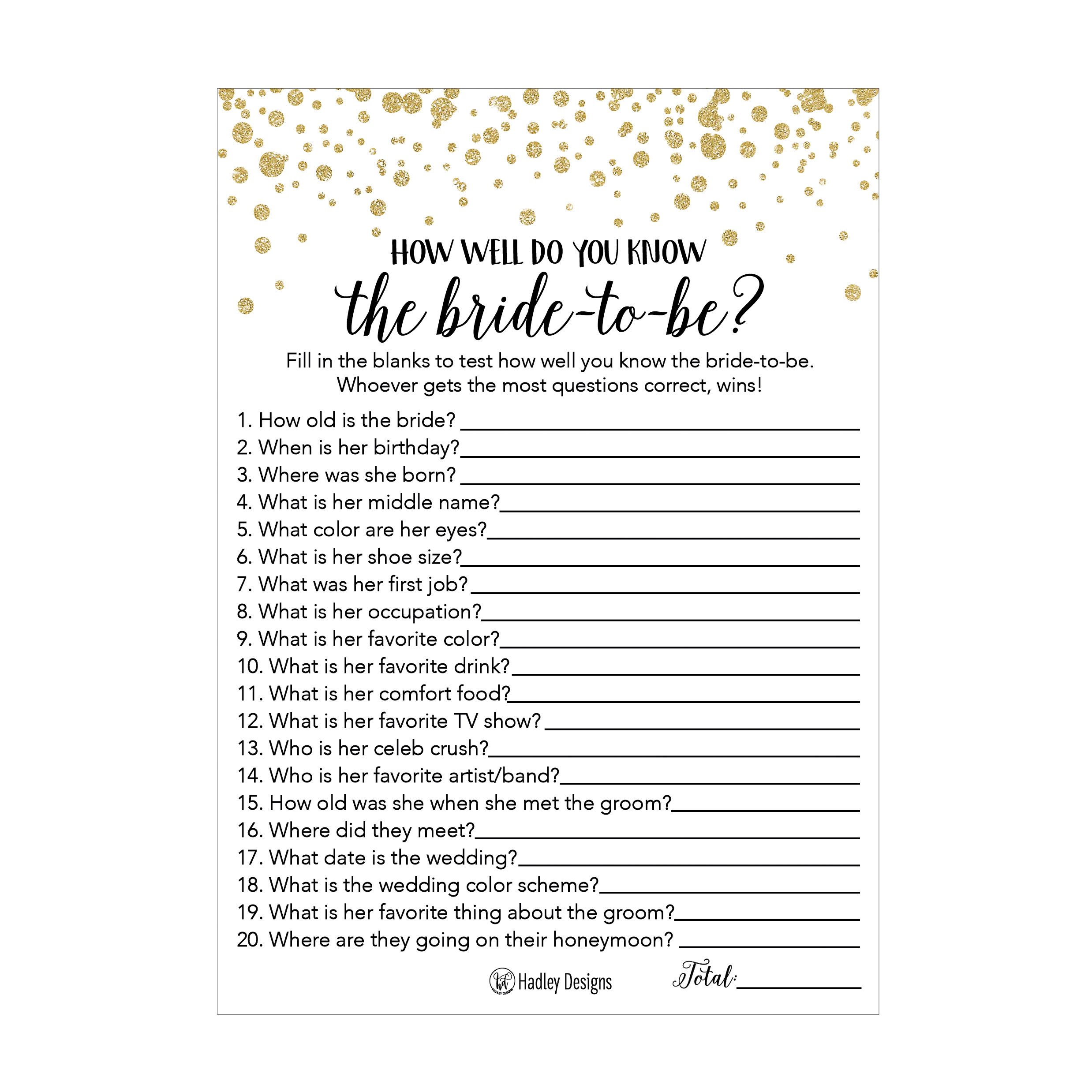 Hadley Designs 25 Black and Gold How Well Do You Know The Bride to be Bridal Wedding Shower or Bachelorette Party Game, Couples Guessing Question Set of Cards Pack, Printed Engagement