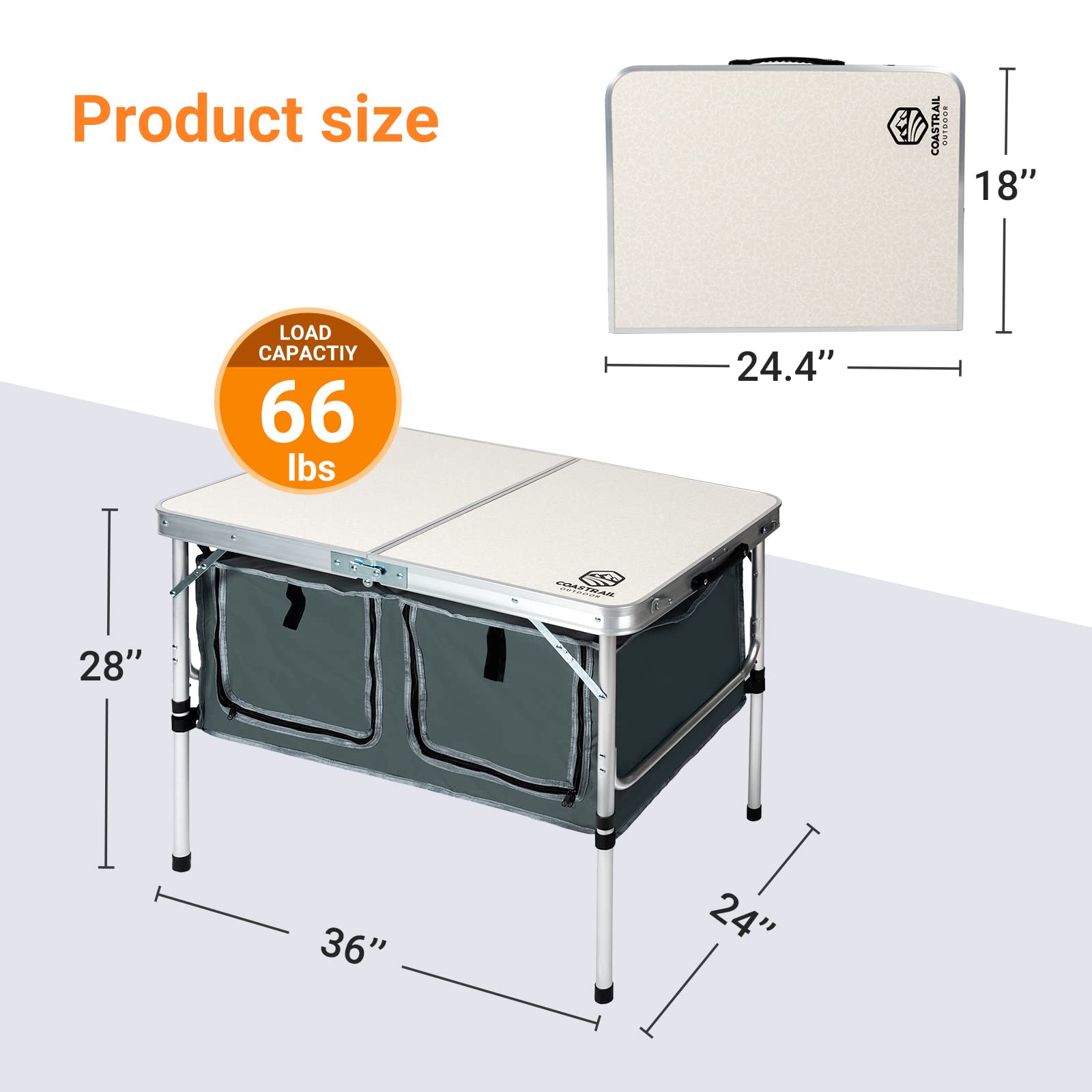 Coastrail Outdoor Folding Camping Table with Storage Height Adjustable Portable Lightweight Camping Table for Party, BBQ, Backyards and Picnic, White, 36 inch X 24 inch X 28 inch