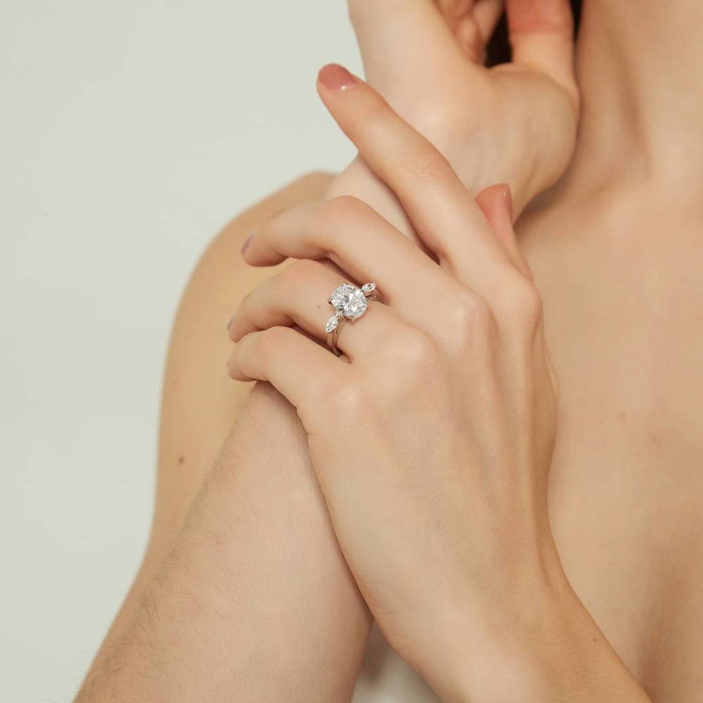 BERRICLE Sterling Silver 3-Stone Wedding Engagement Rings Oval Cut Cubic Zirconia CZ Promise Ring for Women, Rhodium Plated Size 6