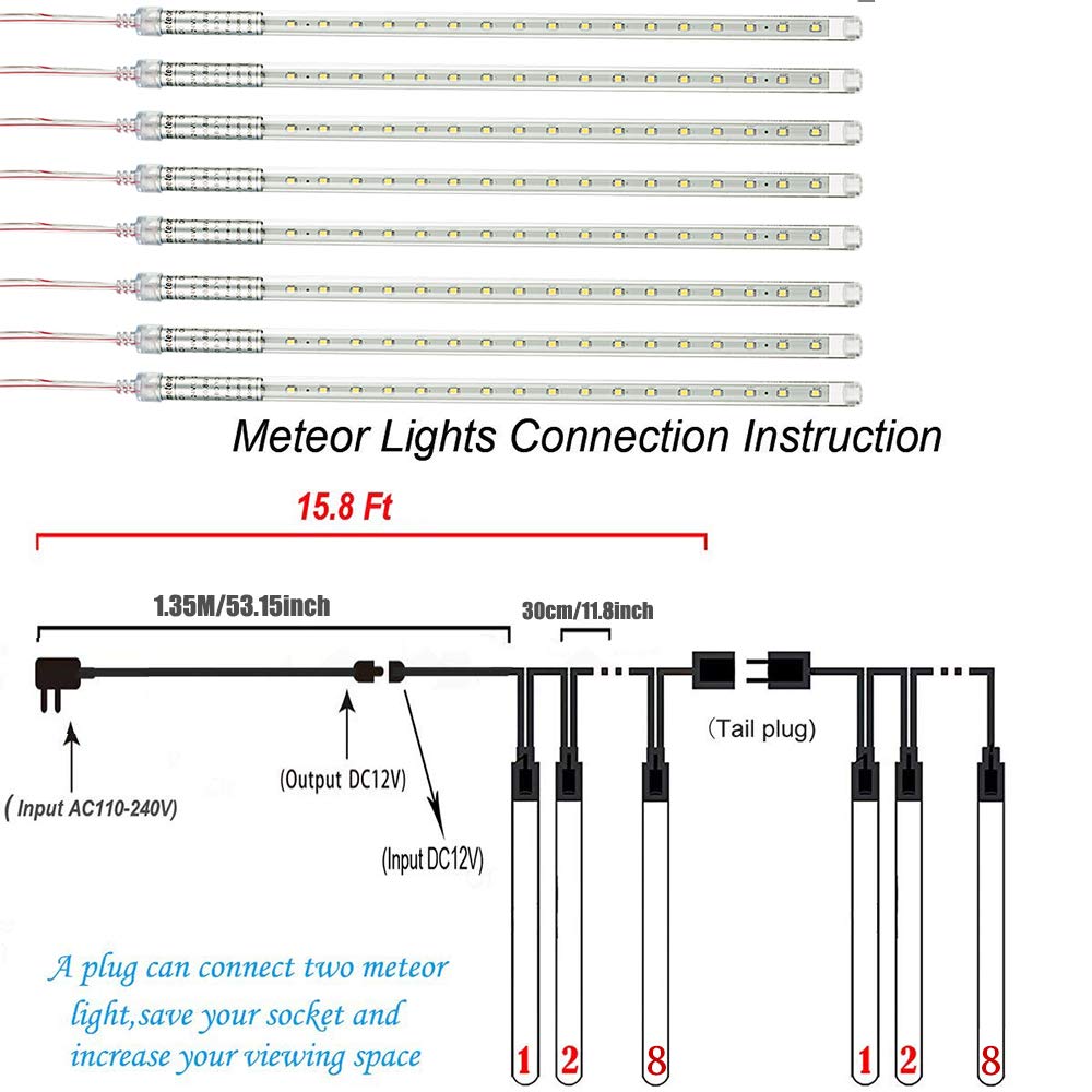 Qelus Meteor Shower Rain Lights, 192LEDs 8Tubes 11.8inch Drop Icicle Cascading Rain Lights for Christmas Holiday Wedding Garden Home Decoration, Blue