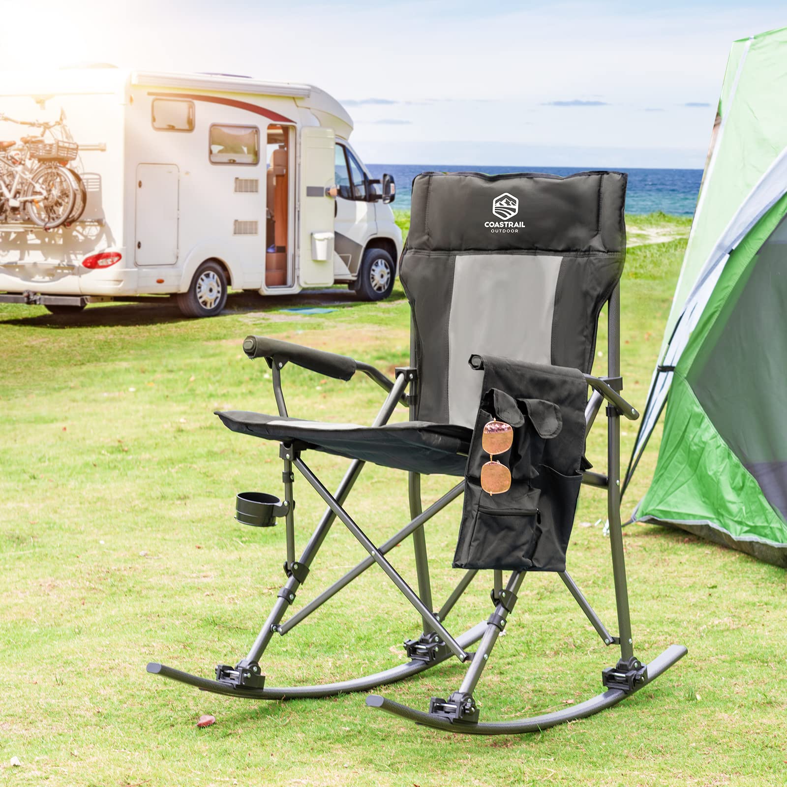 Coastrail Outdoor Folding Rocking Camping Chair High Back Padded Lawn Chair with Foldable Cup Holder, Side Storage, Back Pocket for Camping Hiking Heavy Duty 350lbs Weight Capacity, Black, Large