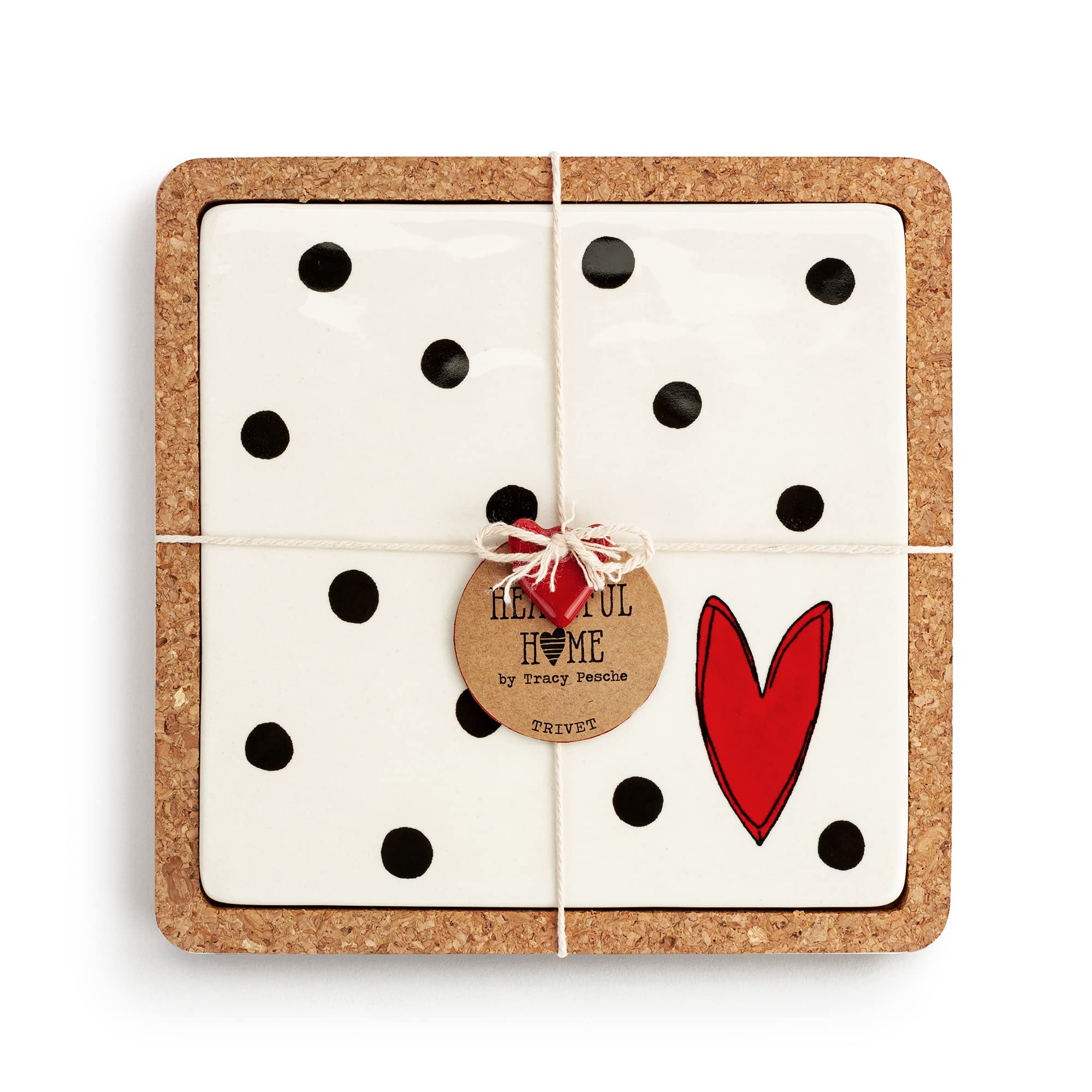 Demdaco Dots and Heart Glossy White 7.5 inch Stoneware Cork Base Trivet