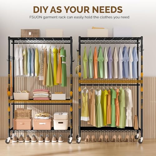 FSUON Heavy Duty Rolling Garment Rack, 1" Diameter Rods, 3 Tiers Adjustable Wire Shelving Clothes Rack with Double Rods and Side Hooks, Freestanding Wardrobe for Hanging Clothes, Black