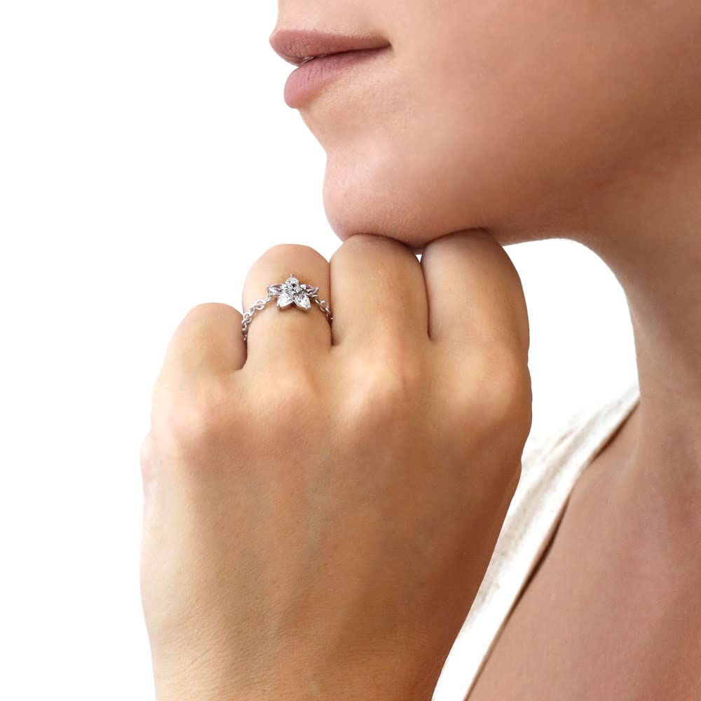 BERRICLE Sterling Silver Flower Cubic Zirconia CZ Fashion Chain Ring for Women, Rhodium Plated