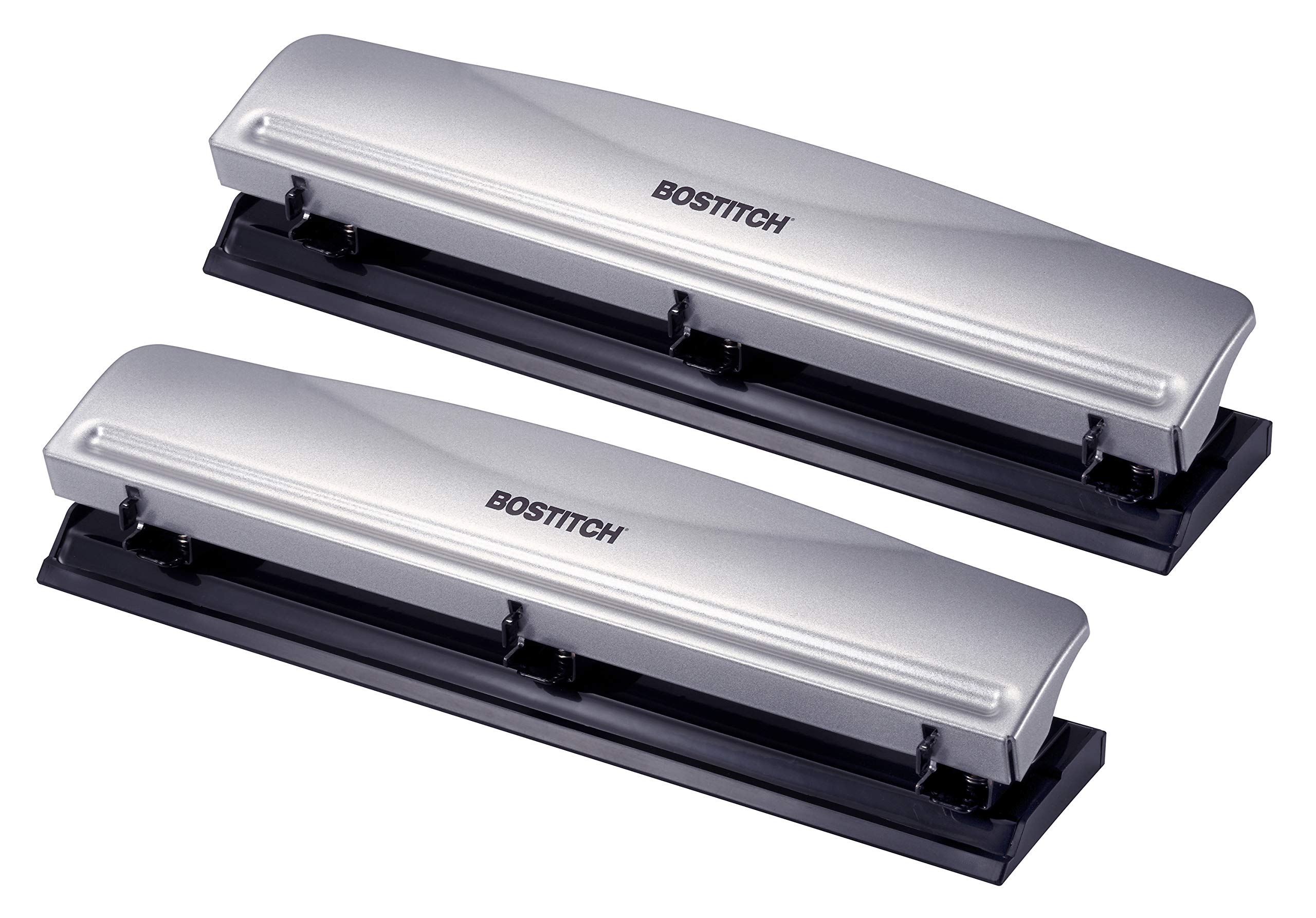 Bostitch Office Premium 3 Hole Punch, 12 Sheet Capacity, Metal, Rubber Base, Easy-Clean Tray, Silver, 2-Pack