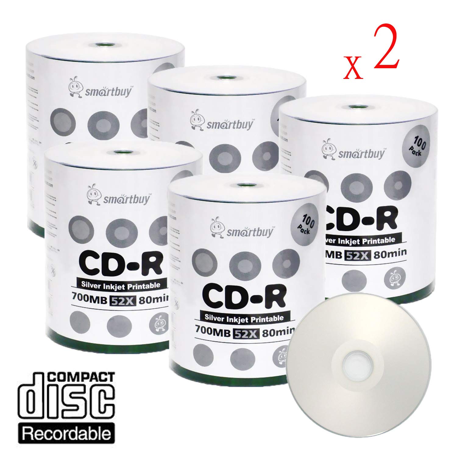 Smartbuy 1000-disc 700mb/80min 52x CD-R Silver Inkjet Hub Printable Blank Recordable Media Disc