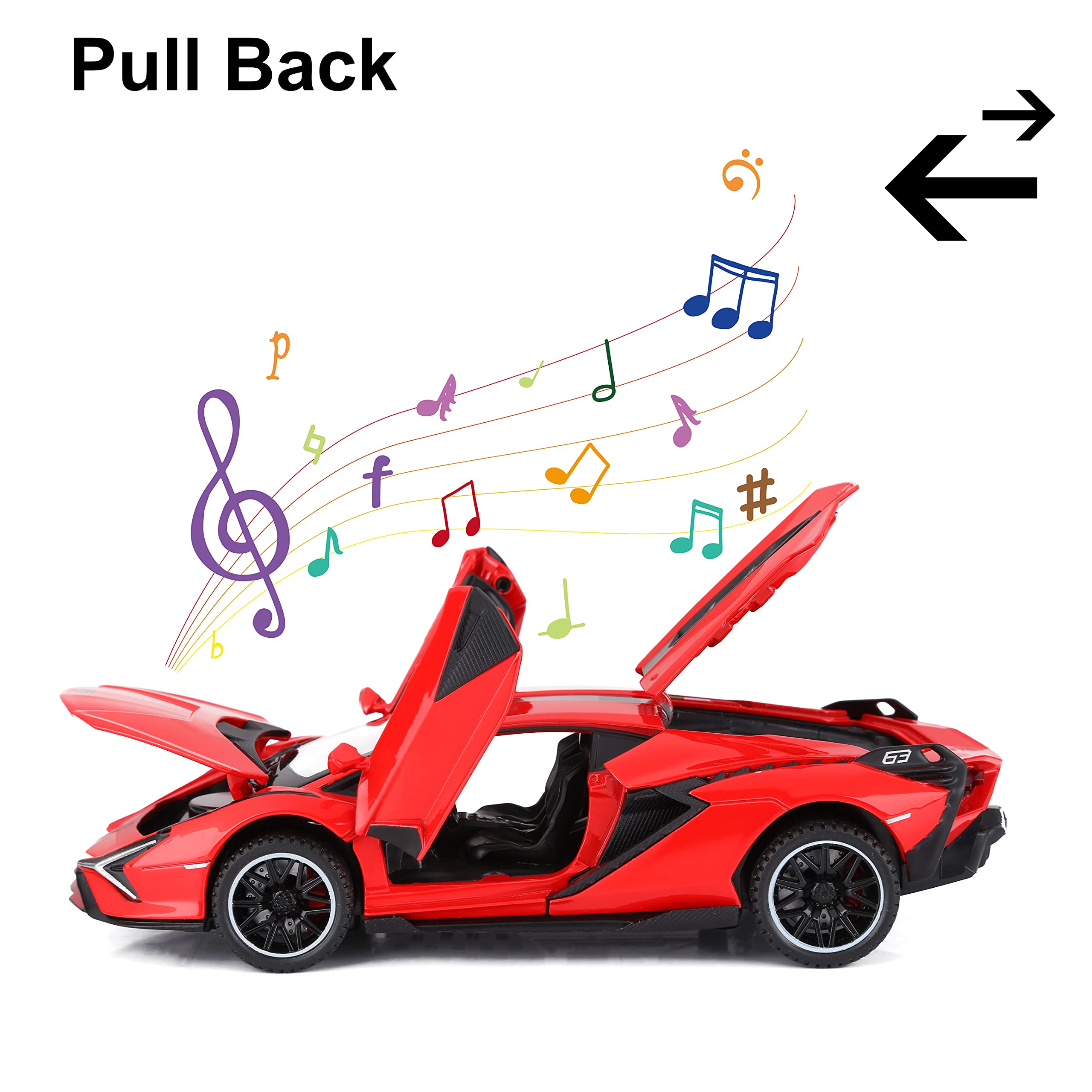 SASBSC Toy Cars Lambo Sian FKP3 Metal Model Car with Light and Sound Pull Back Toy Car for Boys Age 3 + Year Old (Red)