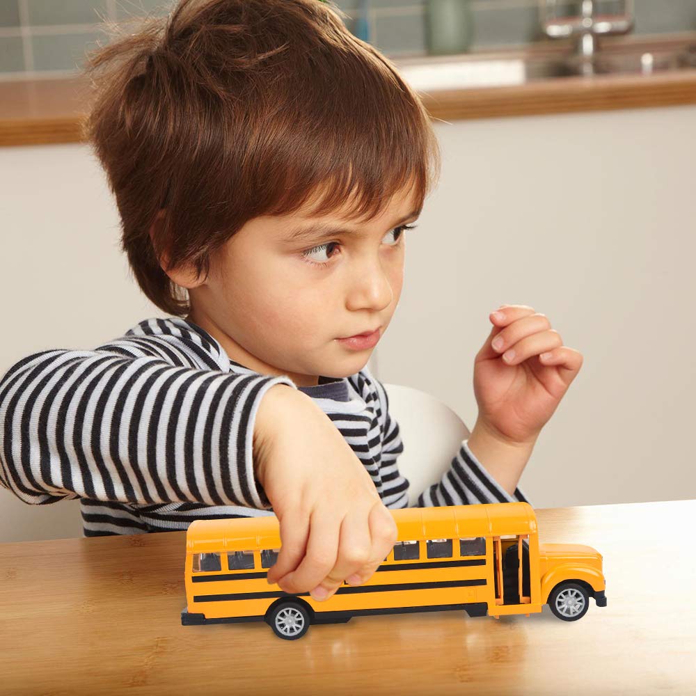 Think Wing School Bus Toy for Toddlers, 8.5 inch Die Cast Pull Back Cars Yellow Bus Play Vehicles with Pull Back Mechanism and Open Doors
