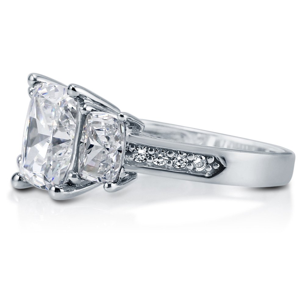 BERRICLE Sterling Silver 3-Stone Wedding Engagement Rings Cushion Cut Cubic Zirconia CZ Ring for Women, Rhodium Plated Size 6