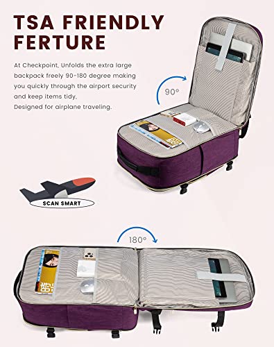 LOVEVOOK Large Travel Laptop Backpack Women, 40L Flight Approved Carry on Backpack Waterproof 17.3inch Luggage Daypack Business Weekender Overnight Backpacks Bag with 3 Packing Cubes, Purple