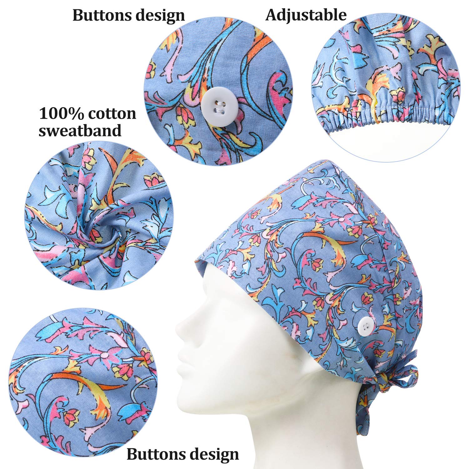SATINIOR 6 Pieces Adjustable Turban Caps with Button and Sweatband Bouffant Printed Covering Hat for Women Men