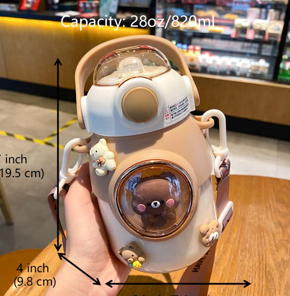 LEJN Kawaii Water Bottle with Adjustable Shoulder Strap Portable Leakproof BPA-free Cartoon Children Cup Capsule Bottle Traveling Hiking (Pink820ml)