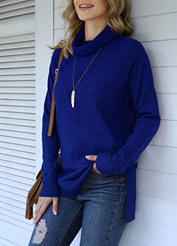 HWOKEFEIYU Womens Turtleneck Sweaters Long Sleeve Side Split Pullover Loose Knit Jumper(Royal Blue,X-Large)
