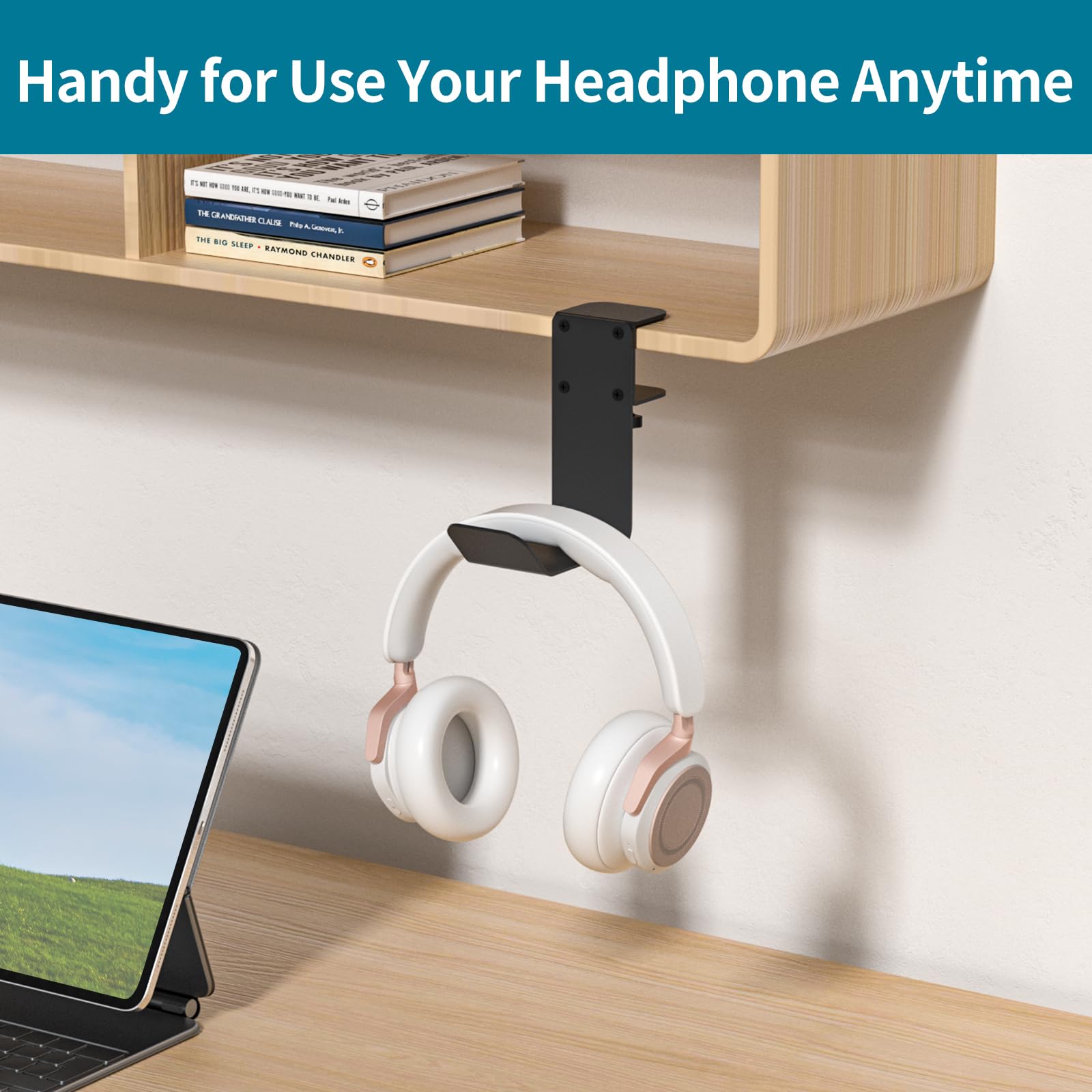 tiebutie Clamp-On Under Desk Headphone Holder/Backpack Hook/PC Gaming Headset Headphone Hanger Mount, Provides a Convenient Place to Hang Headsets or Bags