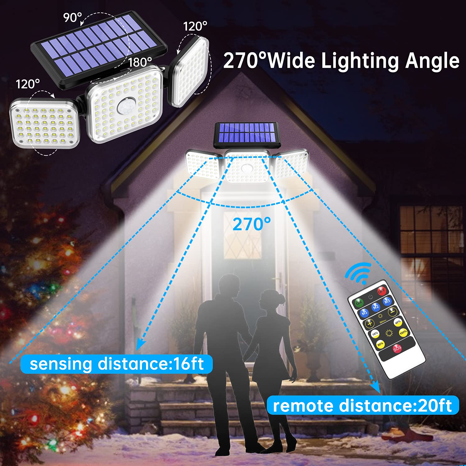 Solar Lights Outdoor, 132 LED 1500LM Solar Security Flood Lights with Remote Control, Wireless Motion Sensor Lights 3 Heads 270° Wide Angle Illumination IP65 Waterproof Wall Lights (2 Packs)