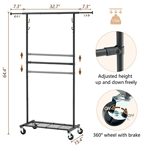 Gewudraw Clothing Garment Rack, Extendable Clothes Rack with Wheels, Bottom Shelves and Hooks, Double Rod Garment Rack Portable Closet Organizer, 64.4 inches