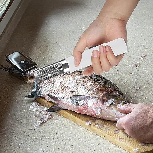 MagiDeal Electric Fish Scaler Fish Skinner Without Fuss or Mess Seafood Tools Stainless Steel Easy to Use Roller Cutter Remover for Home Cooks Chef, White