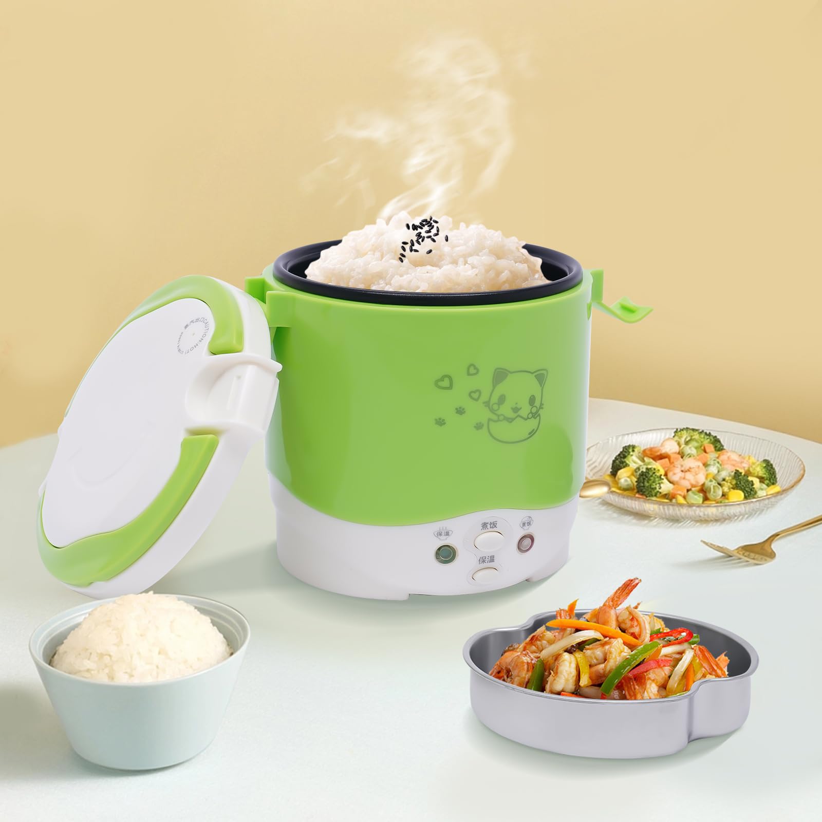 Headery Rice Cooker Small 12V, Mini Rice Cooker Steamer 1 Cup, Portable Easy Operation Well Insulated 1-2h Non-stick Rice Maker Food Steamer with Handle and Spoon for Car Home (Green)