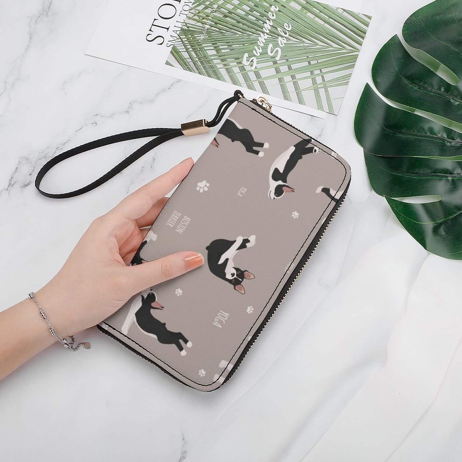 QSMX Women's Clutch Wallet Bag,Boston Terrier Dog In Paw Prints Long Leather Wallets with Wristlet Strap Zipper Around Credit Card Holder GIft-TPU Durable Shockproof Lightweight Waterproof