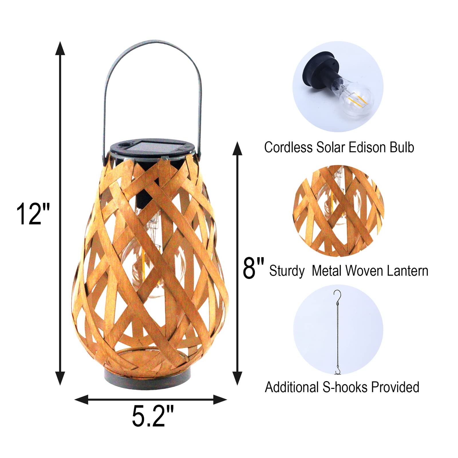 Solar Metal Woven Lanterns Outdoor - 12" Waterproof Hanging Cordless Lantern with Edison Bulb for Farmhouse Yard Patio Garden