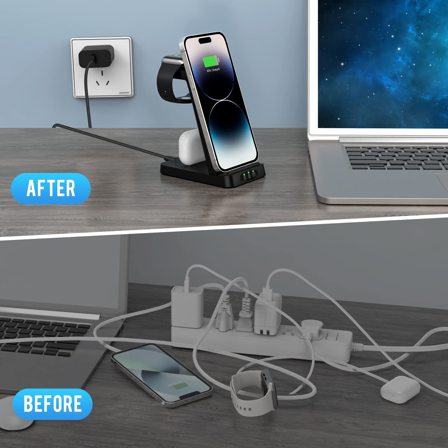 Charger Station for Apple Multiple Devices,3 in 1 Wireless Charging Station Dock Stand for Apple Watch 8 7 6 SE 5 4 3 2 iPhone Fast Charger for iPhone 14 13 12 11 Pro X XS 8 Plus & Airpods