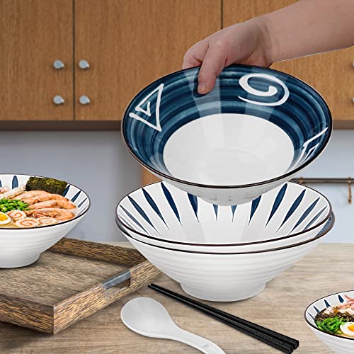 CYSNATU Japanese Ramen Bowl, Ceramic Ramen Bowls Set of 2, 34oz Large Ramen Bowl Noodle, Ramen Bowl with Chopsticks and Spoon(Blue and White)