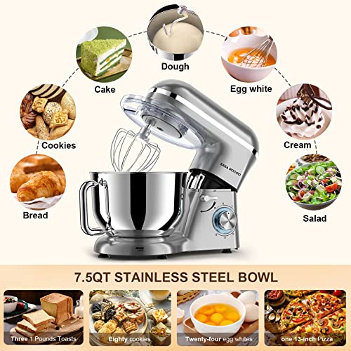 SASA ROCOO Stand Mixer 660W 6+P Speed Tilt-Head Electric Kitchen Mixer with 7.5 Qt Stainless Steel Bowl, Beater, Dough Hook, Whisk, Beater for Baking, Bagel, Cake, Pizza,Dishwasher Safe (silver)