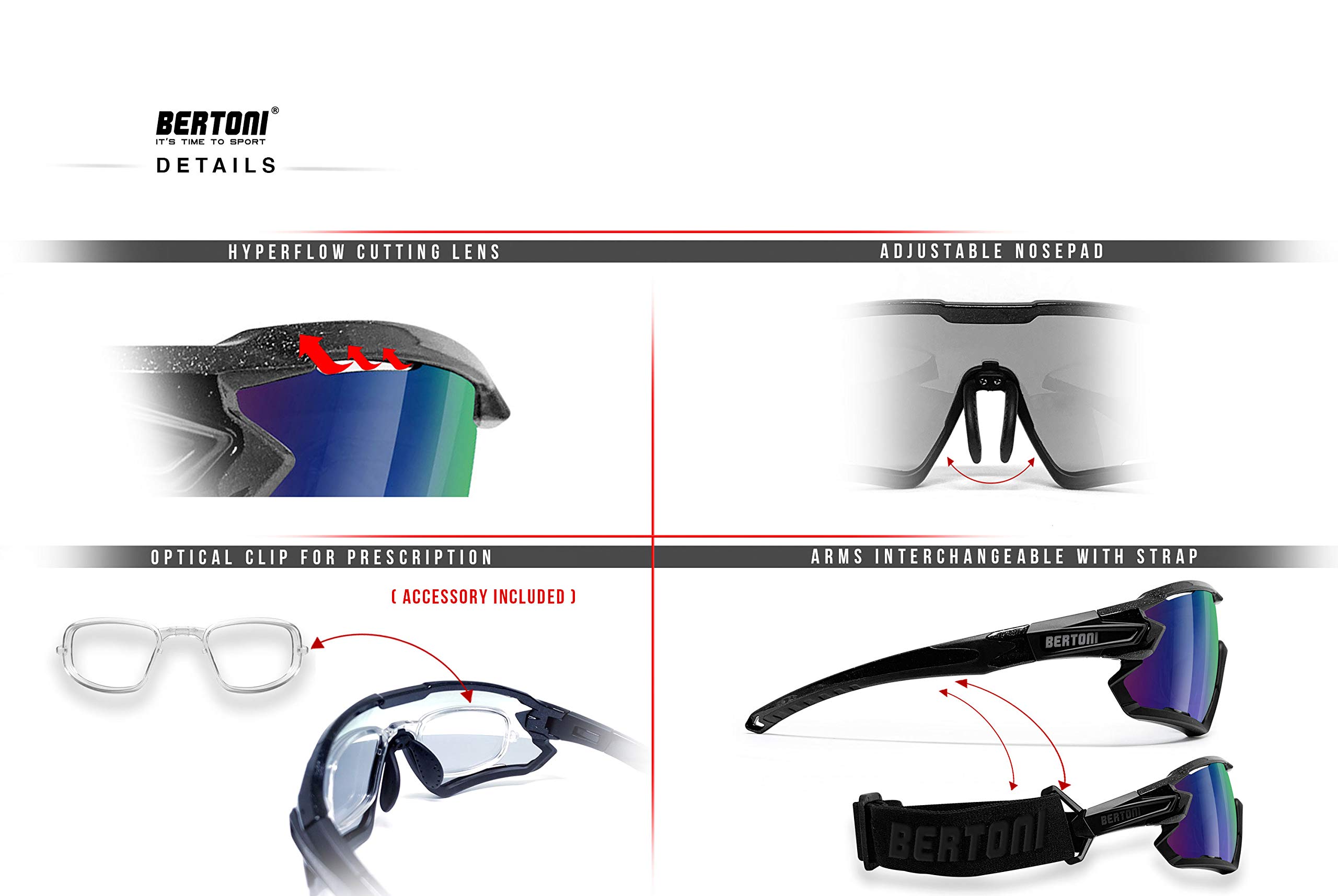 Bertoni Sport Sunglasses Cycling MTB Running Ski Golf Removable Sport Prescription Carrier Included mod. Quasar (Black/Green Mirror)