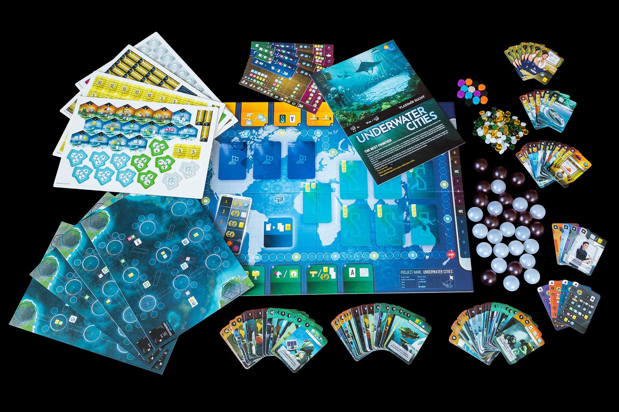 Underwater Cities Board Game Bundle of Base Game Plus New Discoveries Expansion Plus Two Starship Buttons