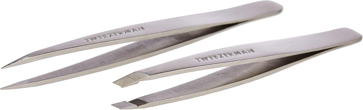 Tweezerman Petite Tweeze Set with Travel Case - Point and Slant Tweezers, Tweezers for Travel (Black Case)