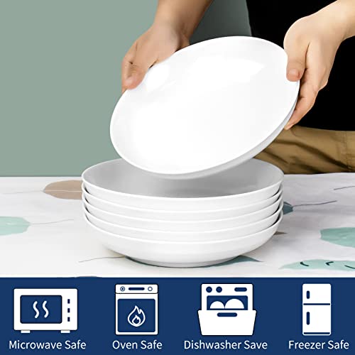 Cnyiyeci Pasta Bowls 30oz, Salad Plates 6 Packs 9β Large White Ceramic Serving Bowls Shallow for Noodles Salad oven Dishwasher Safe