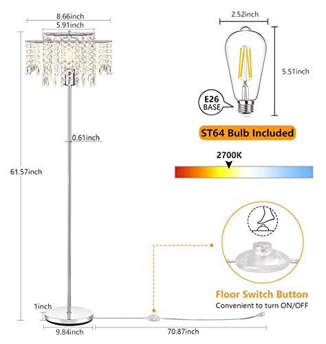 Mlambert Double-Layer Modern Lampshade Crystal Floor Lamp for Bedroom for Livingroom,Elegant Standing Lamp,61.57" Tall Pole Lamp,Suitable for Bedroom,Livingroom,6W LED Bulb Included,Silver