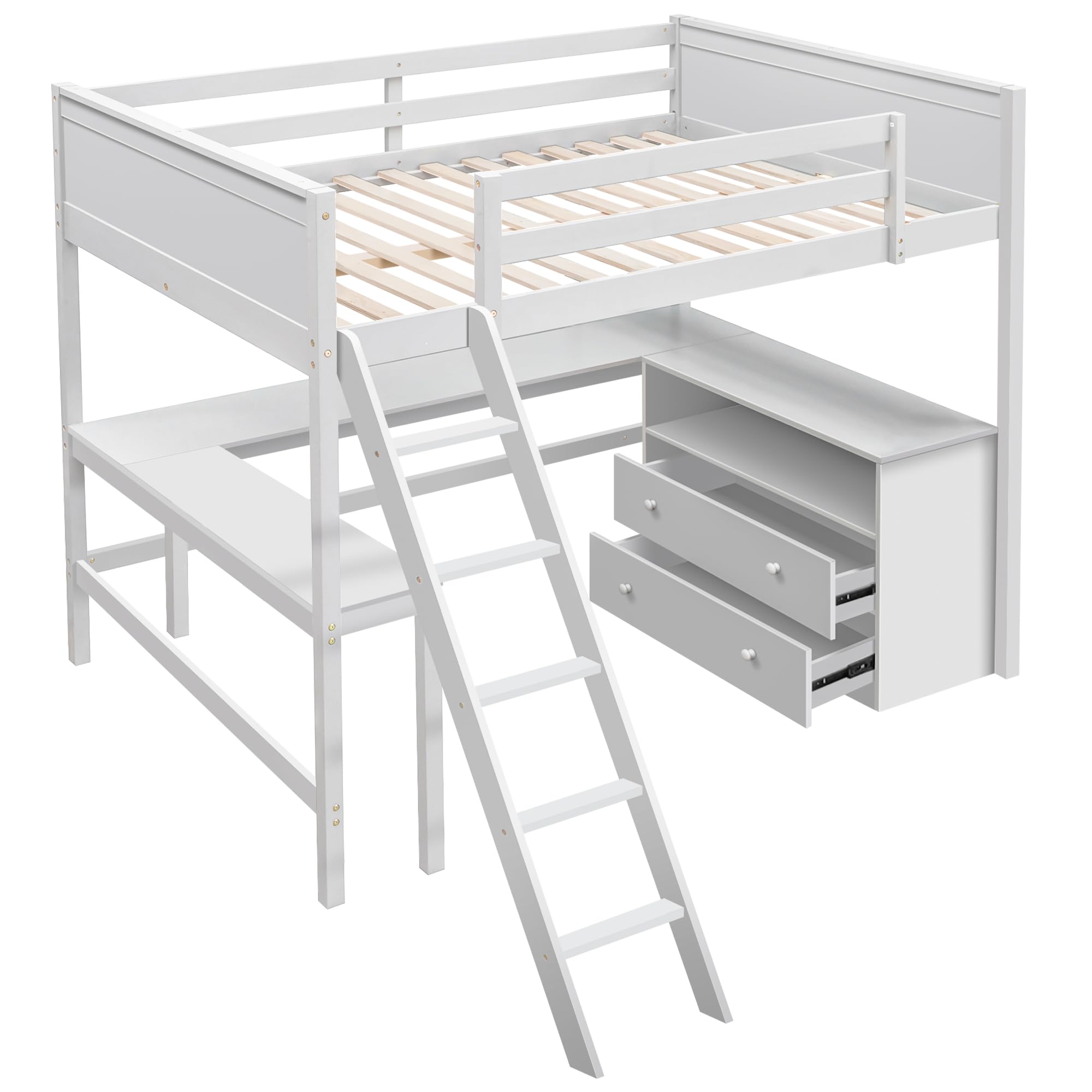 Full Loft Bed with Desk Underneath, Storage Shelves and 2 Drawers, Solid Wood Full Size Loft Bed Frame with Guardrails & Ladder for Girls Boys Junior Adults, Space-Saving, White