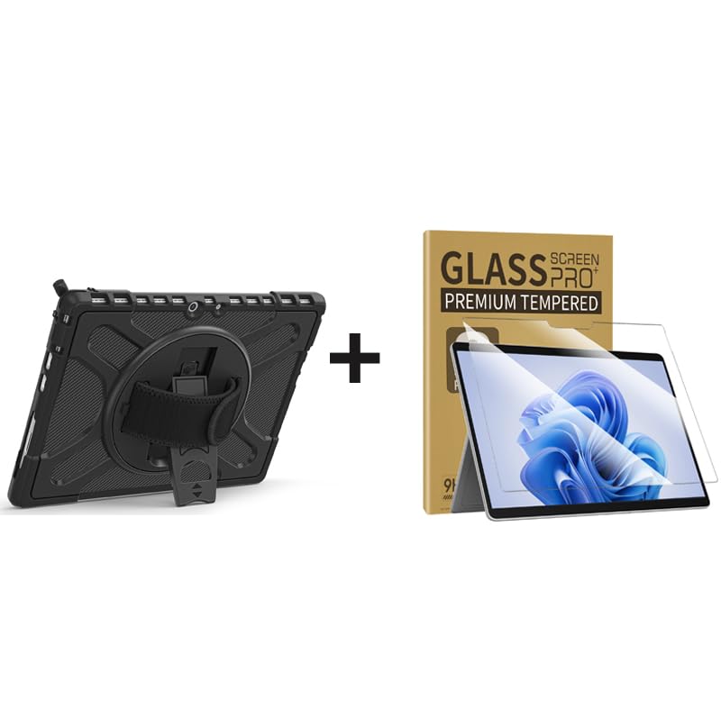 ZenRich Bundle for Surface Pro 8: 2-Pack Tempered Glass Screen Protectors with Anti-Glare& Rugged Full-Body Case with Rotatable Kickstand and Hand Strap