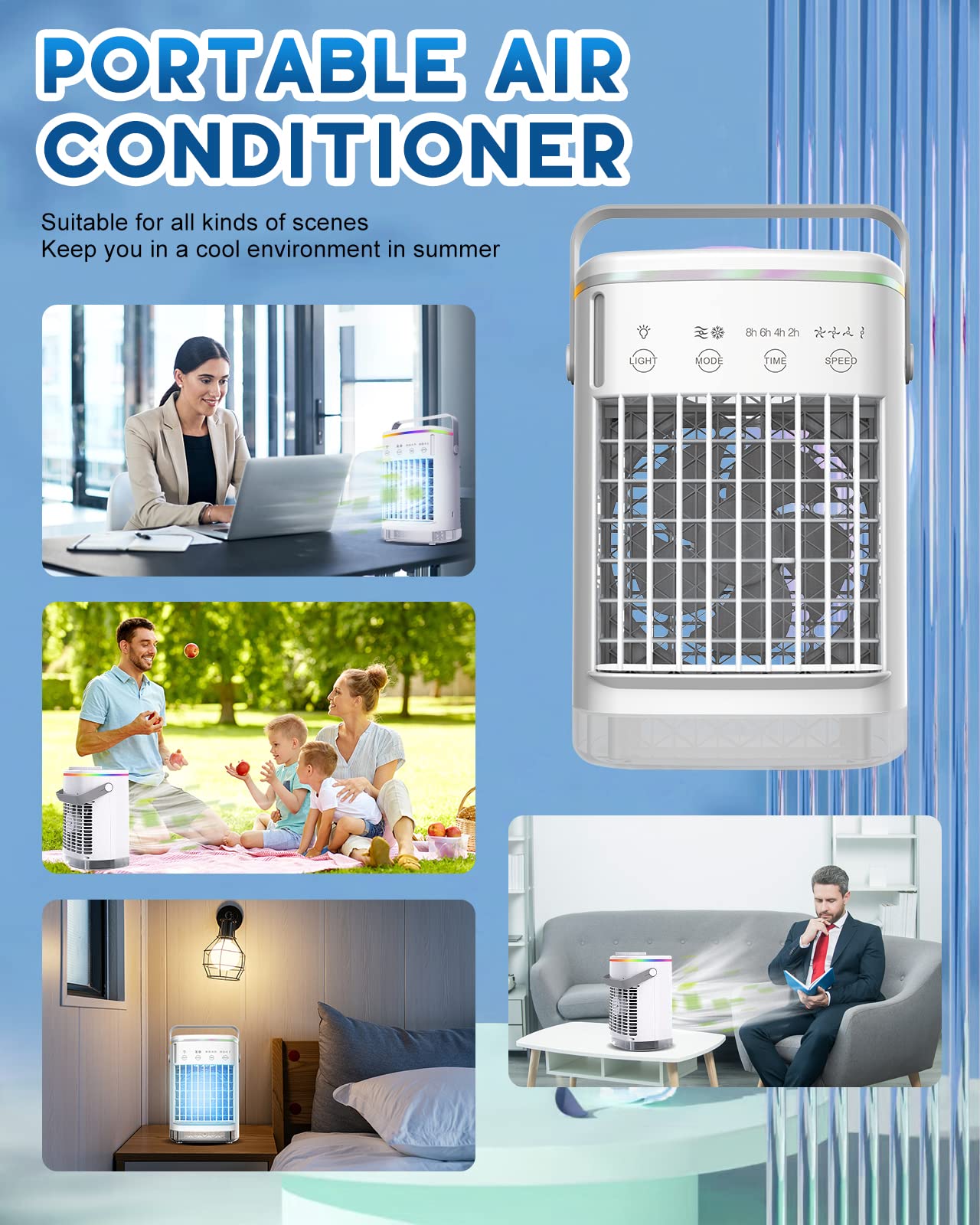 Portable Air Conditioners, 4 Speeds Evaporative Air Cooler Humidifier 600ML Waterbox Mini Air Conditioner, 2/4/6H Timer, 2 Misting Modes and LED Light, Perfect for Home Office Bedroom Camping
