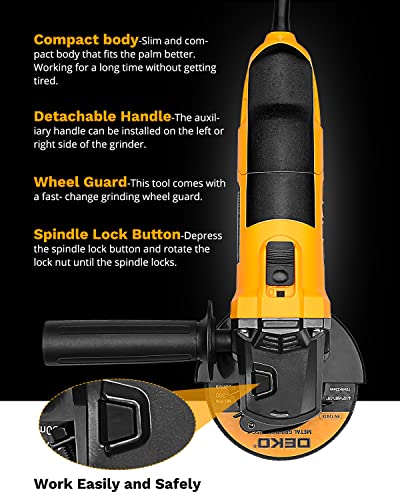 DEKOPRO 110V Angle Grinder, 4-1/2" Max. Wheel Dia., 7.5A Grinders Power Tools, 12000RPM No Load Speed, 1 Grinding Wheel, Grinder Tool for Grinding, Sanding, Wire Brushing or Abrasive Cutting-Off