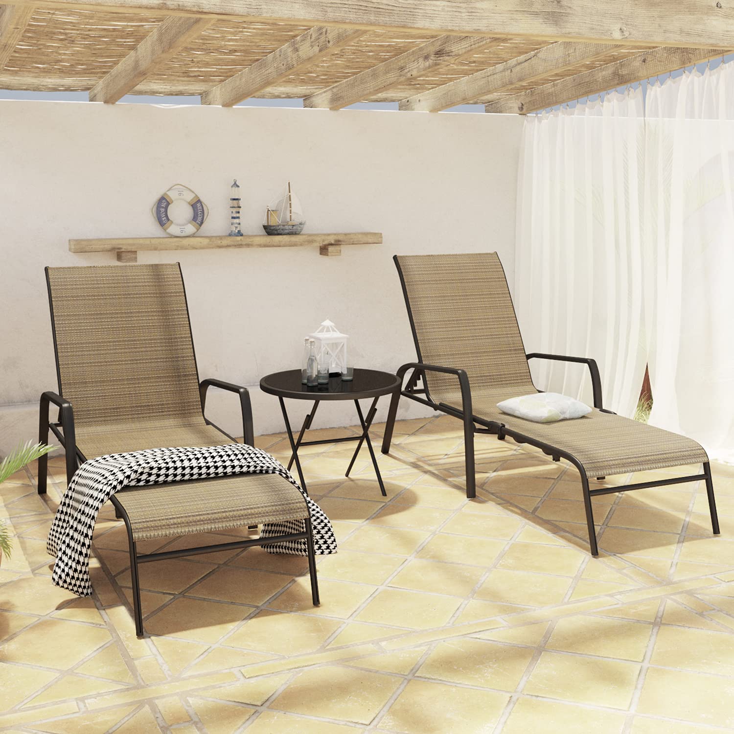 Devoko Patio Chaise Lounges Sets Outdoor Lounge Chairs with Adjustable Backrest & Sturdy Glass Top Coffee Table Suitable for Poolside, Beach, Backyard, Garden (Beige)