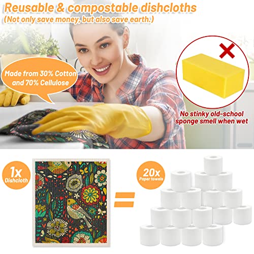 Lucomb 8 Pack Swedish Dishcloths for Kitchen, Reusable Soft Kitchen Towels Dish Cloths Set Absorbent Sponge Cleaning Washable Quick Drying Bar Hand Washing (Birds Flowers)