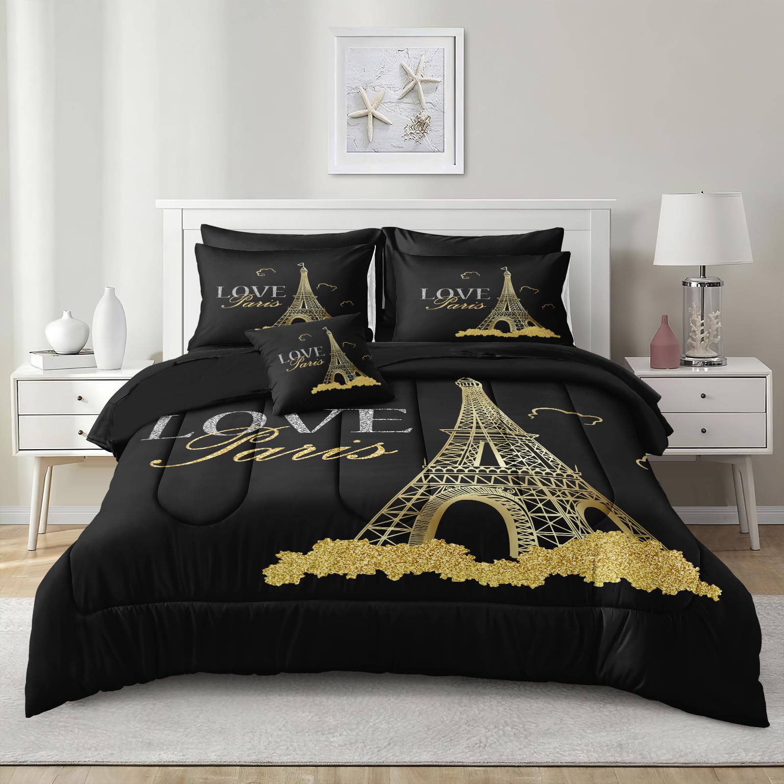 Black and Gold Comforter Set Queen Black Bed in a Bag 8 Pieces Boho Hippie Bedding with 1 Comforter, 1 Flat Sheet, 1 Fitted Sheet, 4 Pillowcases, 1 Cushion Cover (Queen, Marble)