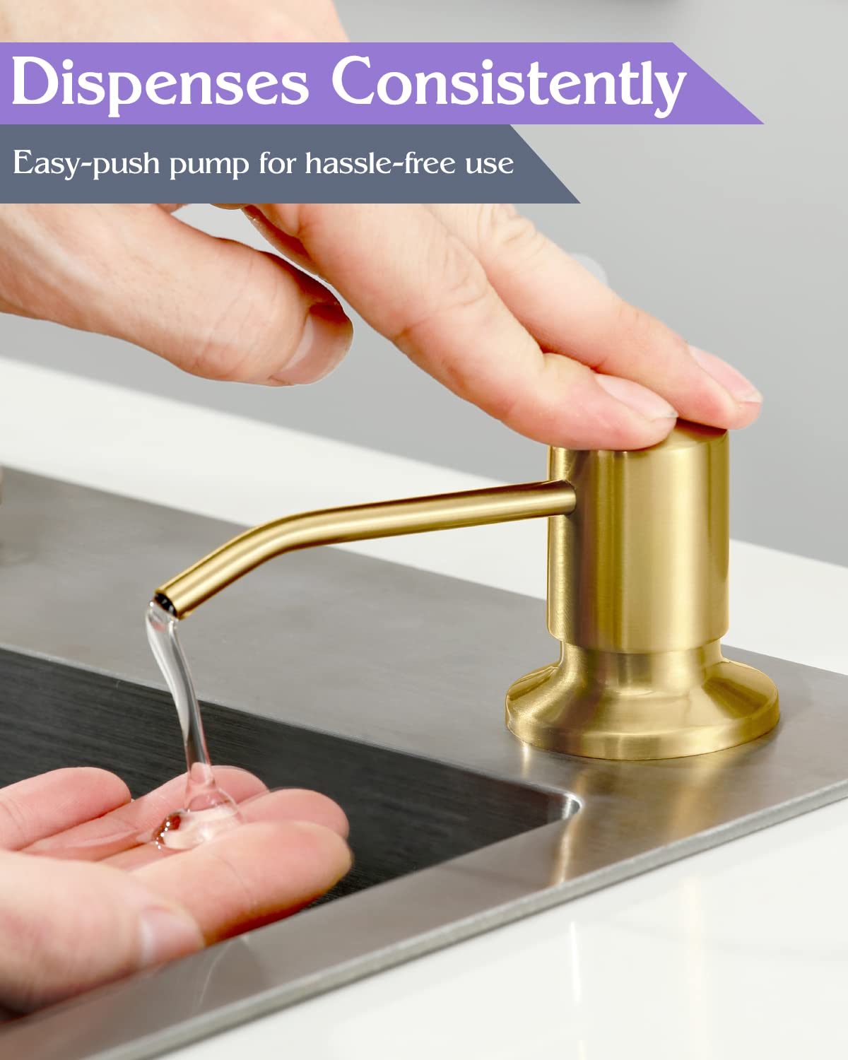 Built in Soap Dispenser for Kitchen Sink, Stainless Steel (Gold), Pump Set for Dish Soap or Lotion, Refill from The Top, Sink Soap Dispenser for Countertop, 17 OZ Large