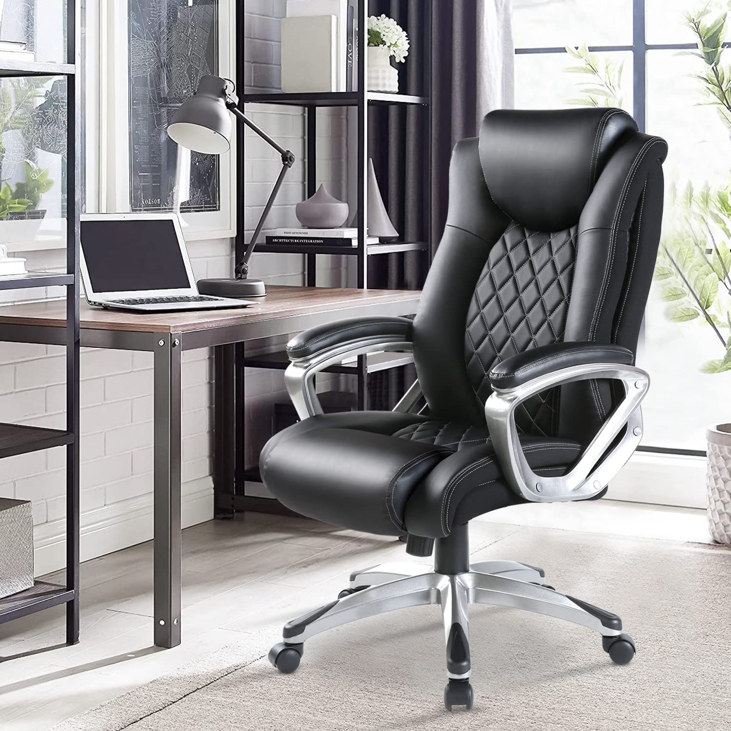 BOWTHY High Back Executive Office Chair 300lbs - Adjustable Built-in Lumbar Support, Ergonomic Leather Computer Desk Chair with Padded Armrest Swivel Chair for Home and Office (Black)
