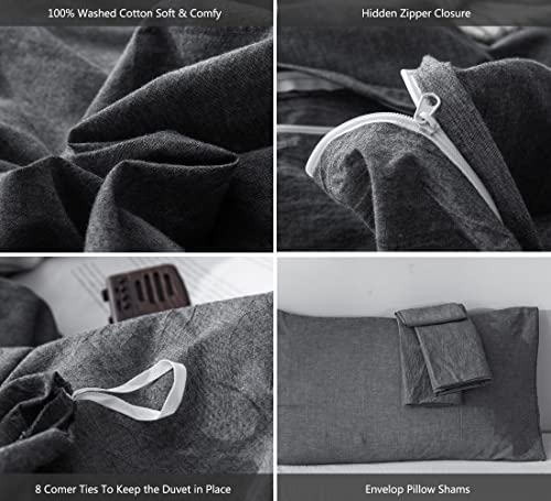 MooMee Bedding Duvet Cover Set 100% Washed Cotton Linen Like Textured Breathable Durable Soft Comfy (Dark Grey, King)