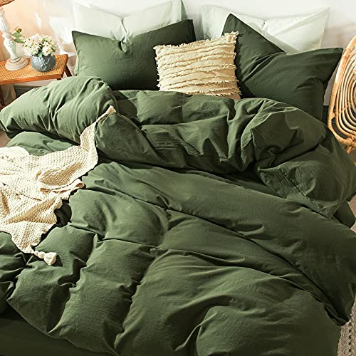 MooMee Bedding Duvet Cover Set 100% Washed Cotton Linen Like Textured Breathable Durable Soft Comfy (Olive Green, King Size)
