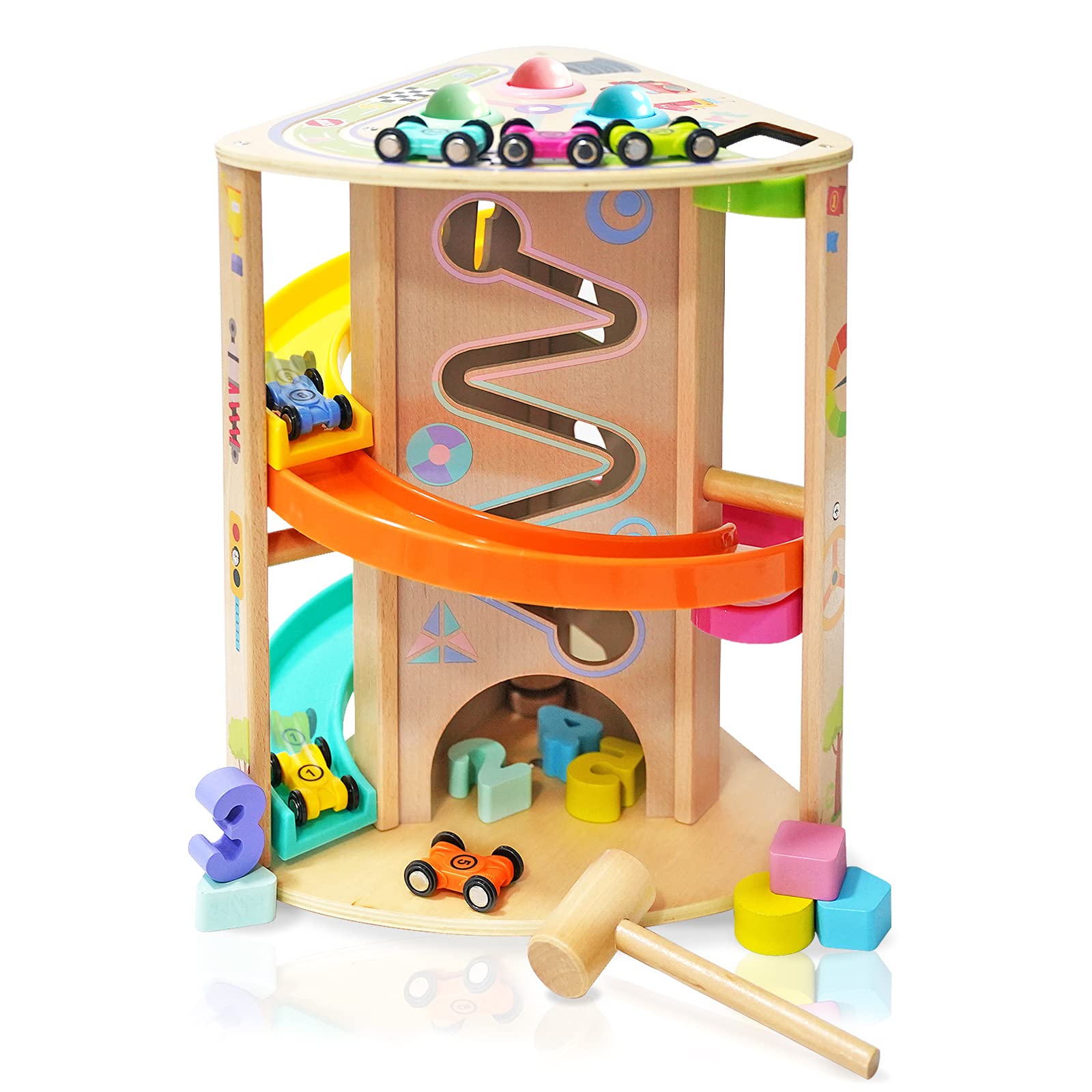 Toddler Toys Wooden Race Track Car Ramp Toys Vehicle Set with 6 Mini Cars & 5 Ramps Educational Cars Toys for 3+ Years Old Ramp Racer Toy Montessori Toys Craft Gift for Toddlers Boys and Girls
