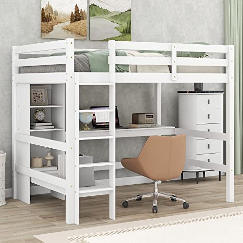 Harper & Bright Designs Full Size Loft Bed with Desk and Storage Shelves, Solid Wood Loft Bed Frame for Kids Teens Adults (Full Size, White)